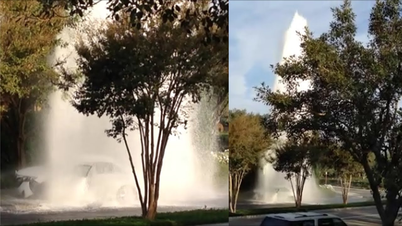 Car hits fire hydrant causing an explosion of powerful gushing waters ...