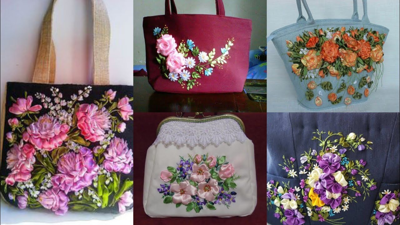 Stylish & unique handmade ribbon work embroidered shoulder bags & purse ...