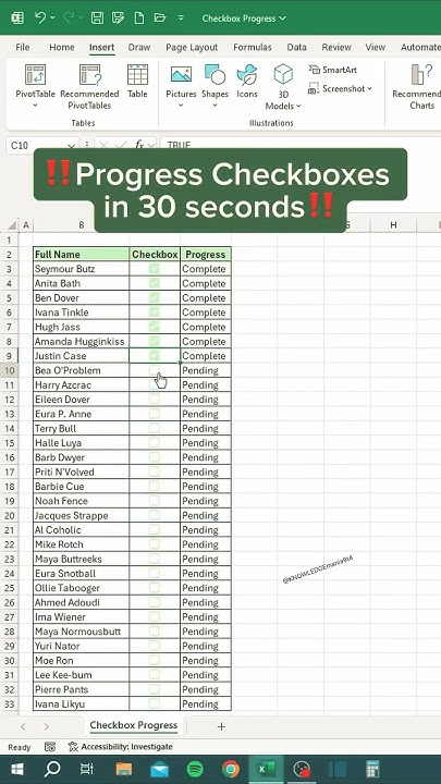 Progress Checkboxes In 30 Seconds Shorts Excel Exceltips Youtube