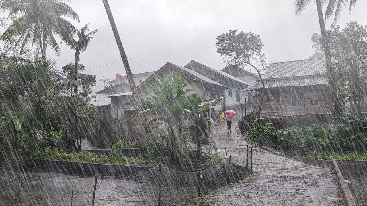 Walking in super heavy rain and strong thunder, relaxing rain thunder 3 ...