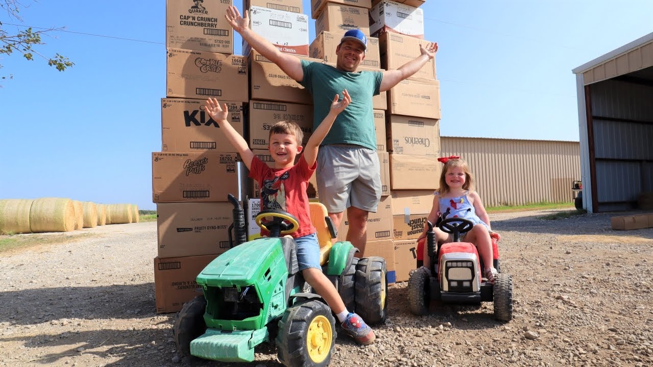 Playing with kids tractors and real tractors smashing boxes | Tractors ...