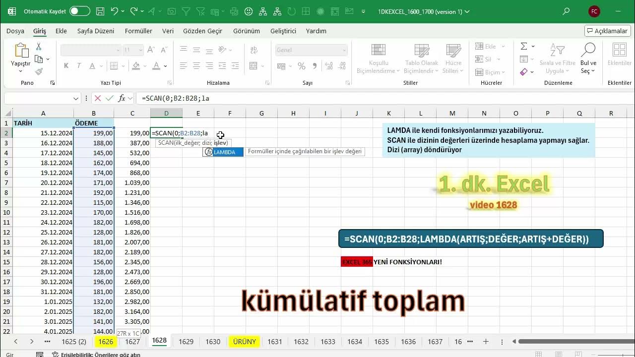 Excel 1 Dakika - kümülatif toplam - SCAN LAMBDA - YouTube