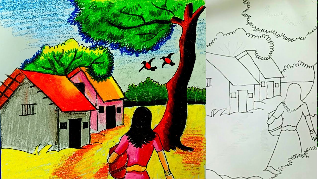 indian village scenery drawing and painting Indian | indian village ...