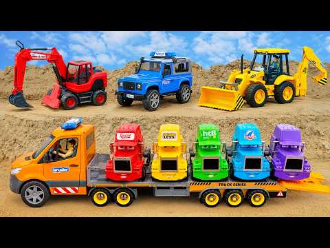 Excavator, Backhoe Loader and Long Truck with Colorful Cars | Toy Vehicle Story