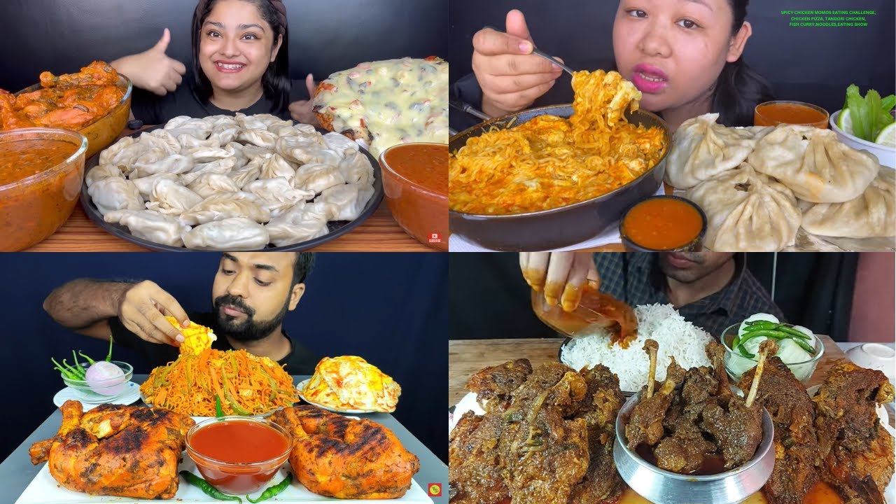 SPICY CHICKEN MOMOS EATING CHALLENGE, CHICKEN PIZZA, TANDORI CHICKEN ...