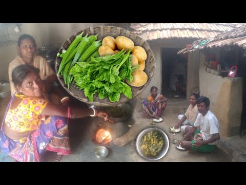 Village Poor woman Cooking by Aloo Bhindi with pui Recipe| Gima shak ...