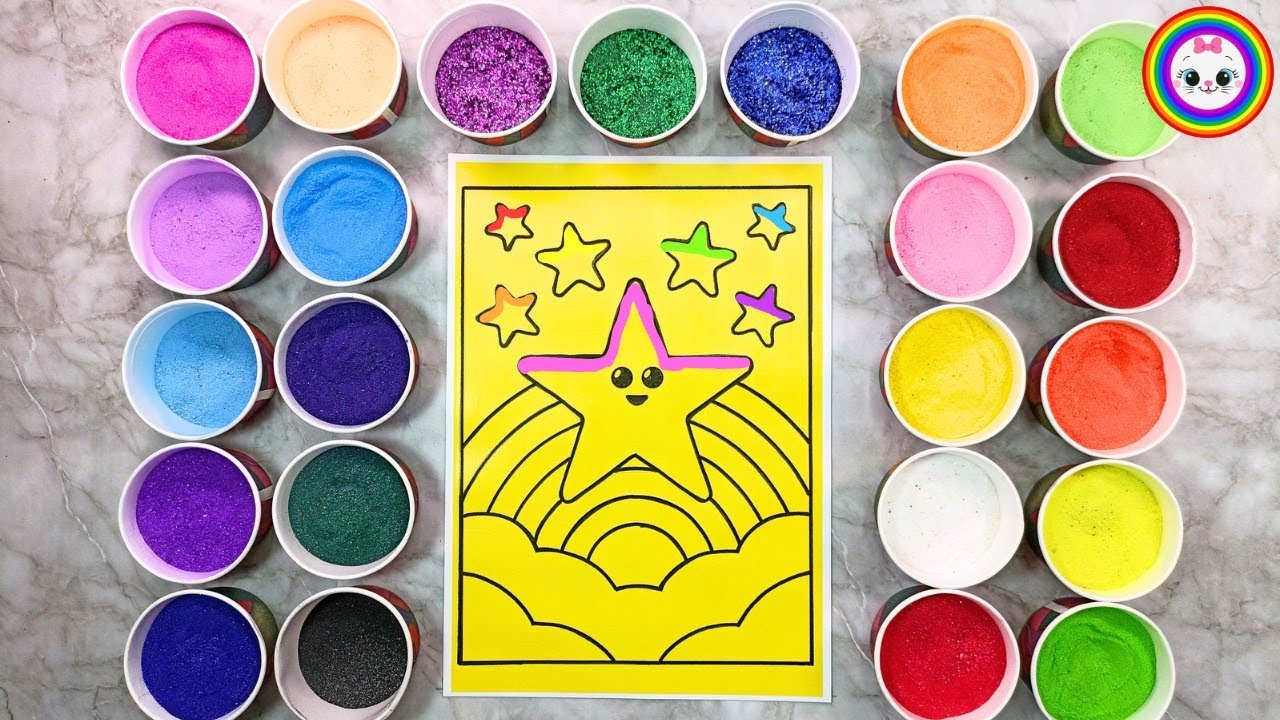 Sand Painting And Coloring Stars, Rainbow With Clouds For Kids And ...
