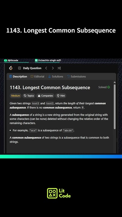 Leetcode 1143. Longest Common Subsequence #shorts #python #coding - YouTube
