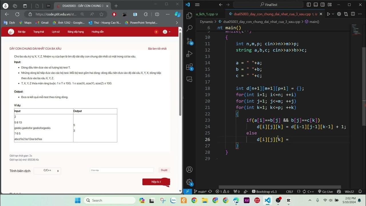 DSA with C++ | CODEPTIT | Quy hoạch động | DSA05003 - Dãy con chung dài nhất của ba xâu - YouTube