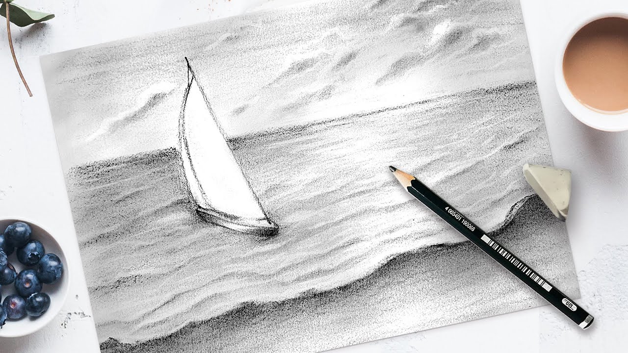 איך לצייר ב-28 דקות ציור קל של שקיעה בים– איך לצייר שקיעה בעיפרון ...