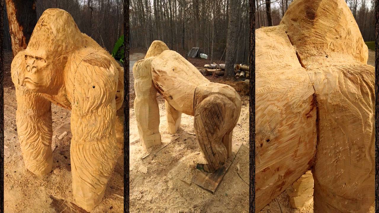 Carving a Silverback Gorilla chainsaw wood sculpture, by Mark Poleski ...