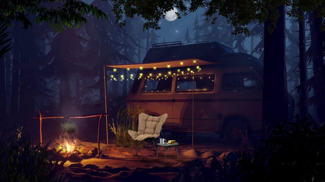 Camping & relaxing in a forest 🚐 🔥| Summer night ambience |Campfire ...