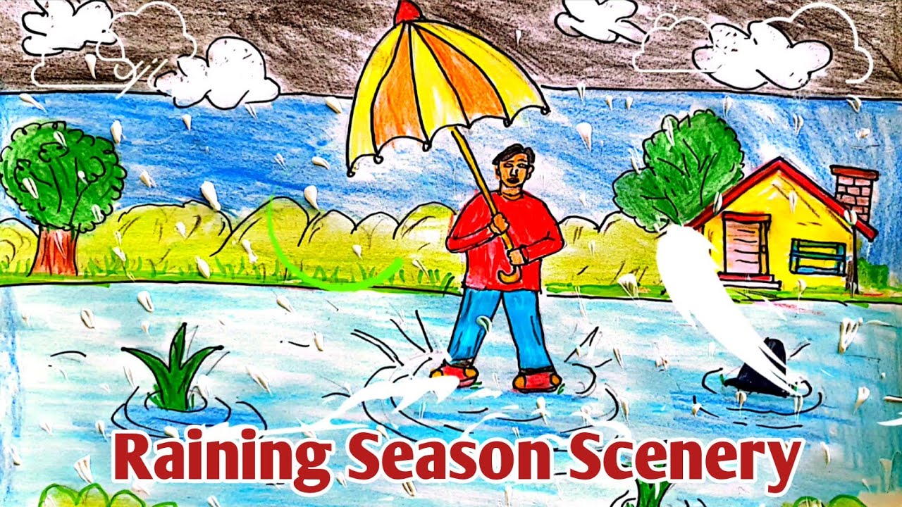 How to draw Raining Season Scenery|Easy Pencil sketch step by step ...