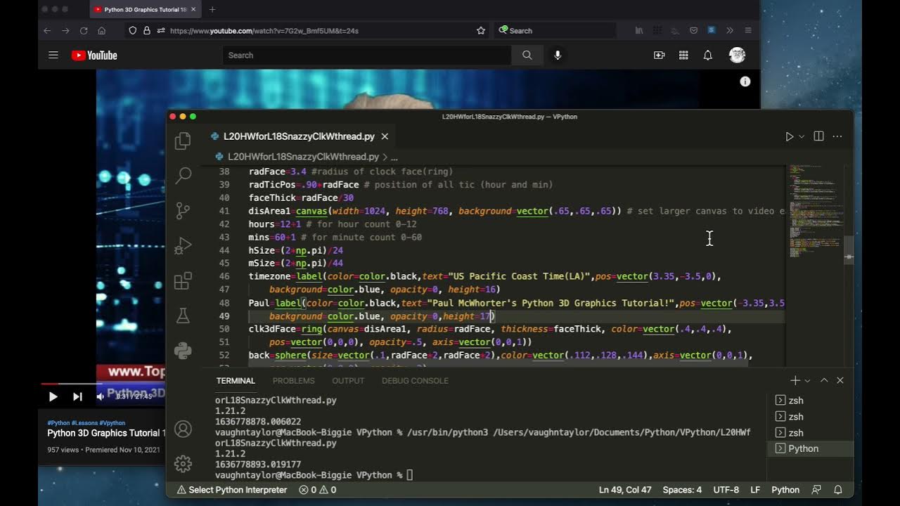 Paul McWhorter Python 3D Homework for Lesson 18. Snazzed up clock with ...