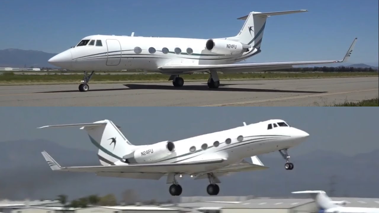 Unhushed Gulfstream II-B [N24FU] close up taxi and takeoff from CNO ...