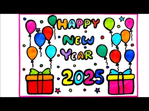 Happy New Year 2025 drawing for kids | easy new year card for kids ...