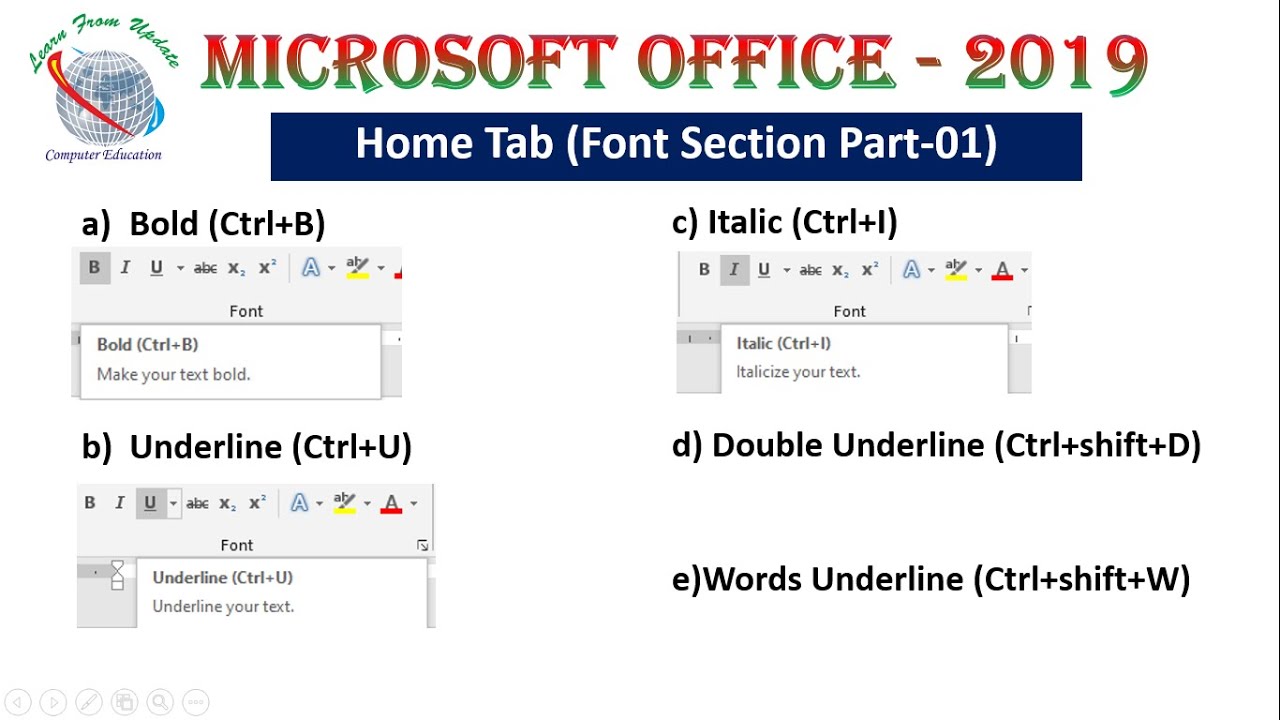 Bold, Italic and underline in ms word 2019. (Janiye full font section ...