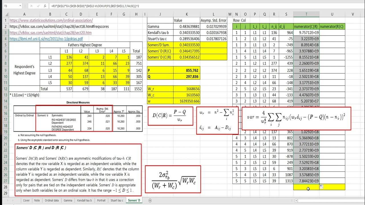 311 Somers' D for ordinal association measurement in Excel - YouTube
