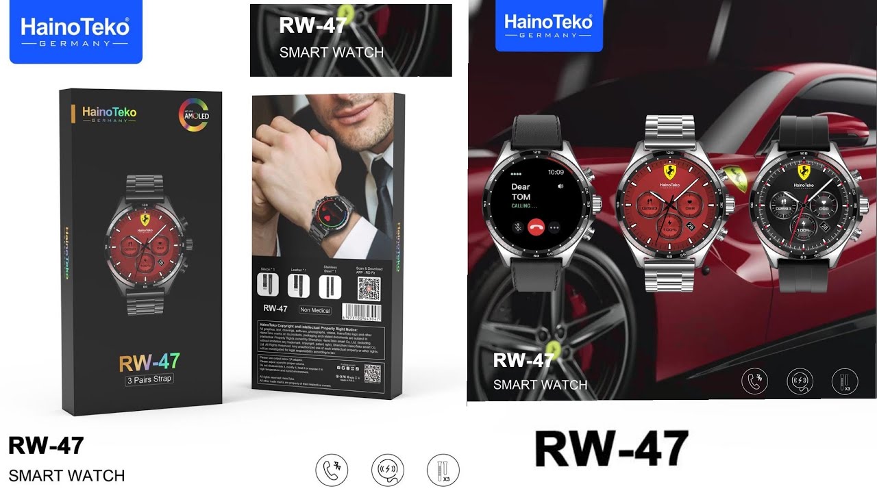 Haino Teko RW-47 Smart Watch -AMOLED -Carved glass Display- Silicone + stainless steel 3 strap ...