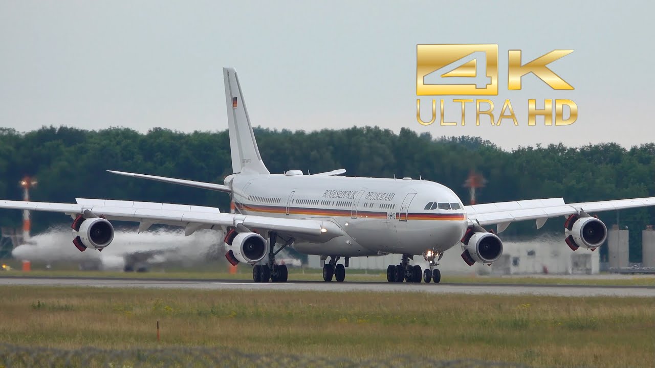 (4K) Airbus A340-313 German Air Force Luftwaffe 16+02 arrival at Munich ...
