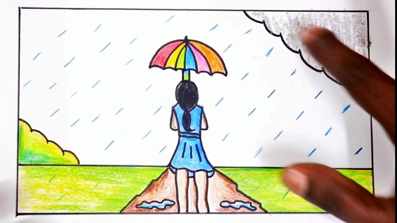 Rainy season drawing | Rainy scenery drawing | Girl with umbrella ...