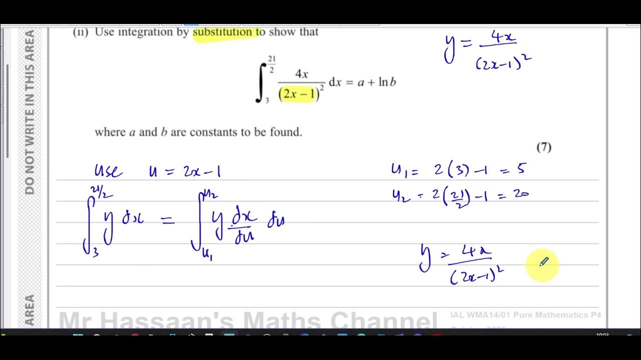 WMA14/01 (Edexcel) IAL P4 October 2023, Q3(ii), Integration by Substitution, Definite ...