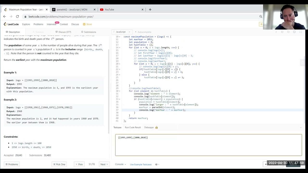 1854. Maximum Population Year - Javascript - Time: O(n) Space: O(n) - Leetcode - YouTube