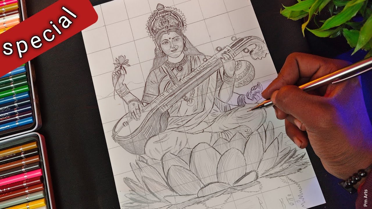 Sarswati Devi Drawing, Outline Tutorial 😍 - YouTube