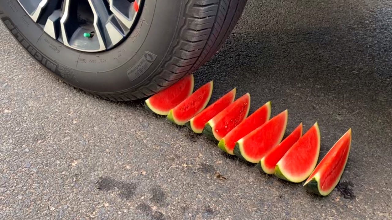 Crushing! The fun happens immediately. Watermelon and car wheels - YouTube