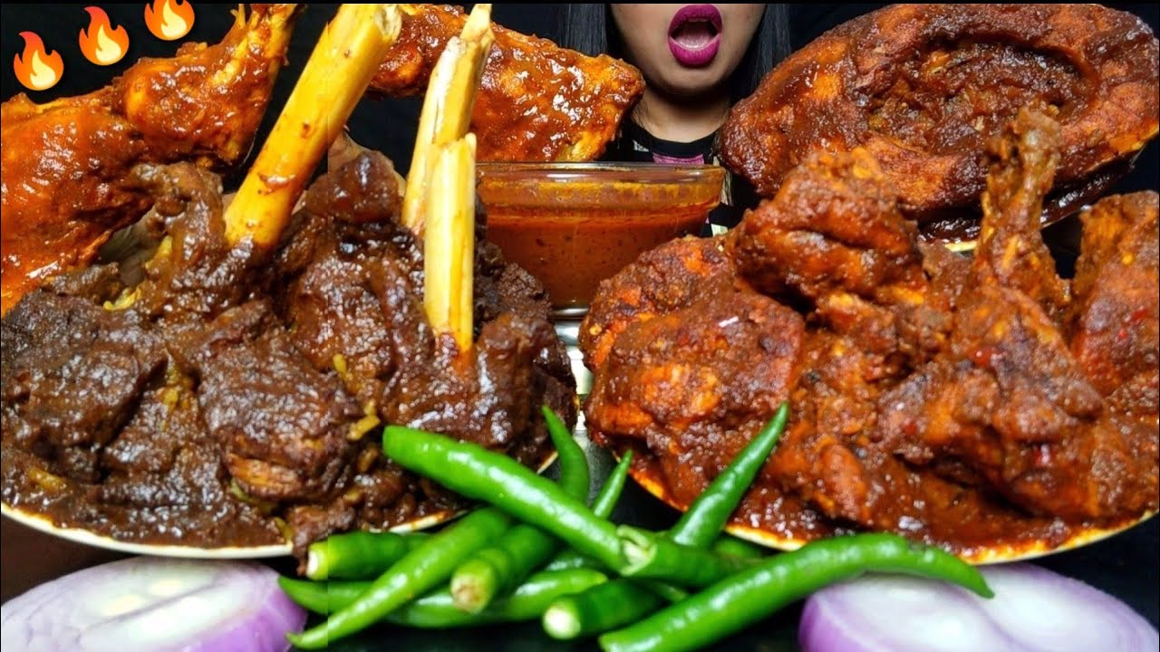 ASMR:EATING SPICY MUTTON BLACK CURRY,TOMATO CHICKEN,BIG KATOL FISH,3 ...