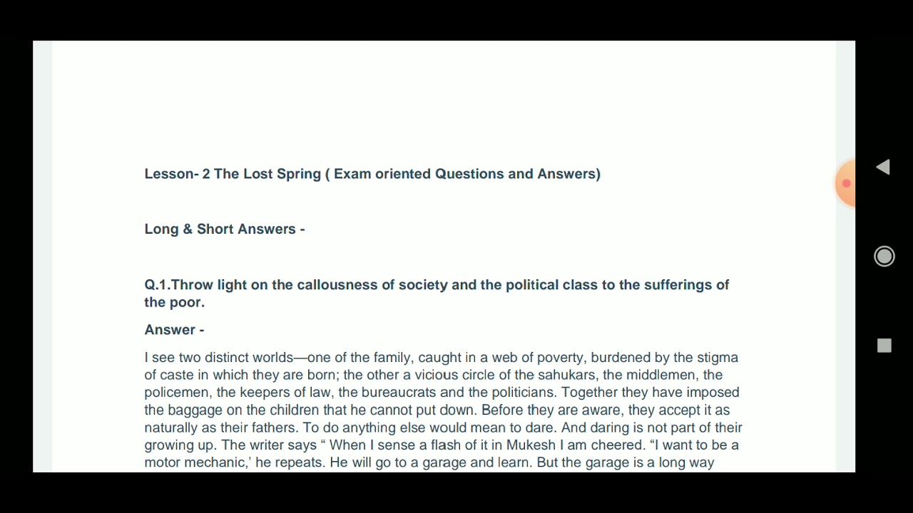 Lesson - 2 The Lost Spring || Questions & Answers - YouTube