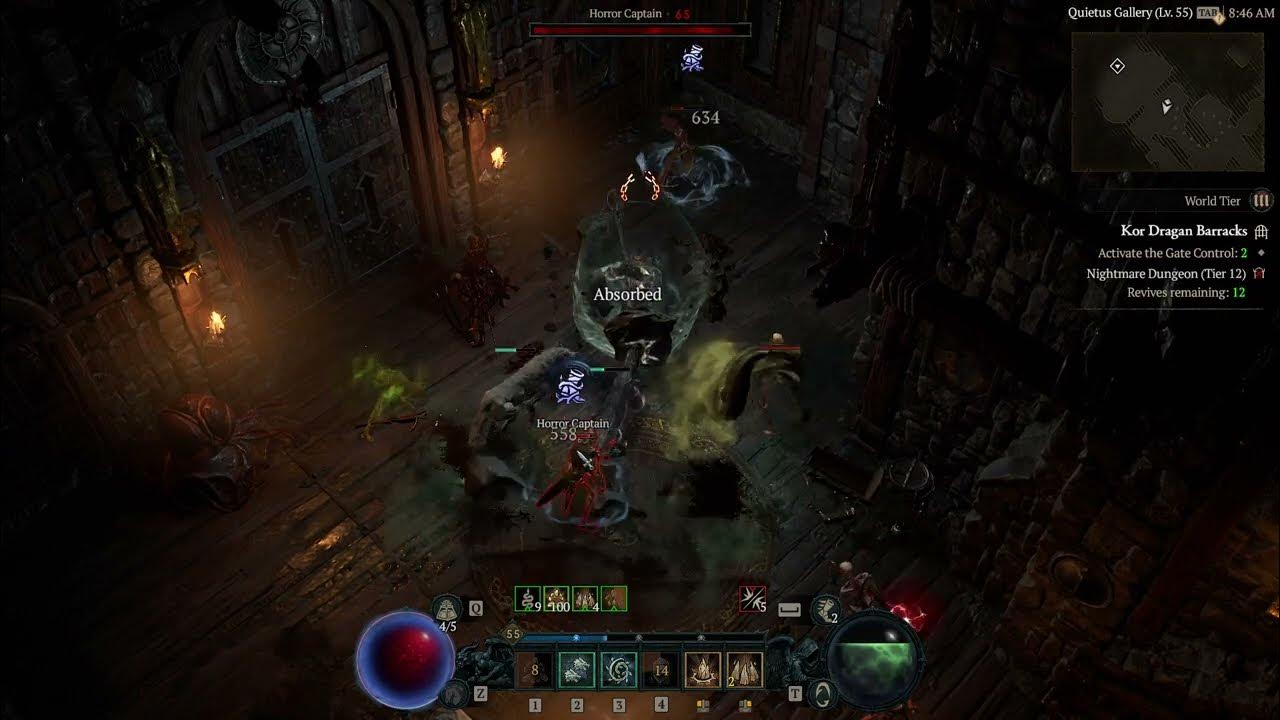 Diablo IV Lv. 55 crit companion druid pve Nightmare Dungeon (Tier 12) Kor Dragan Barracks - YouTube