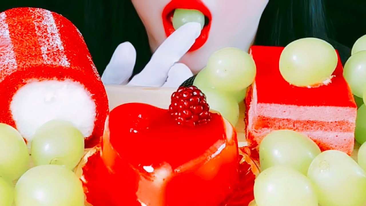 ASMR Delicious Red Dessert, Heart Shape and Roll Cake with Juicy Grapes ...