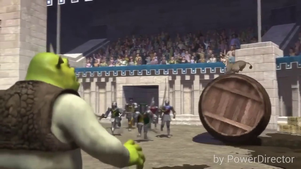 Shrek fight scene, except every time a soldier hits the ground, shrek ...