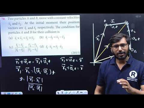 Two particles A and B , move with constant velocities v1 nad v2 . At the initial moment their ...