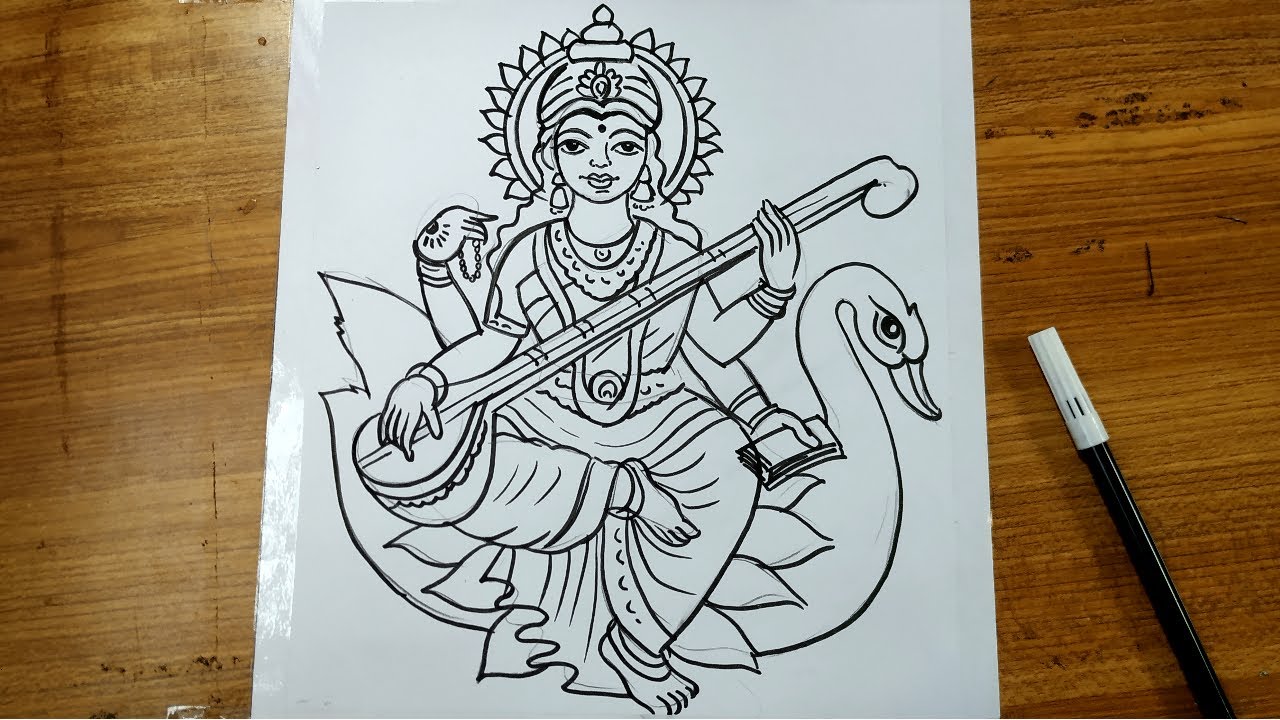 how to draw saraswati devi,maa saraswati ful figer drawing,line art maa ...