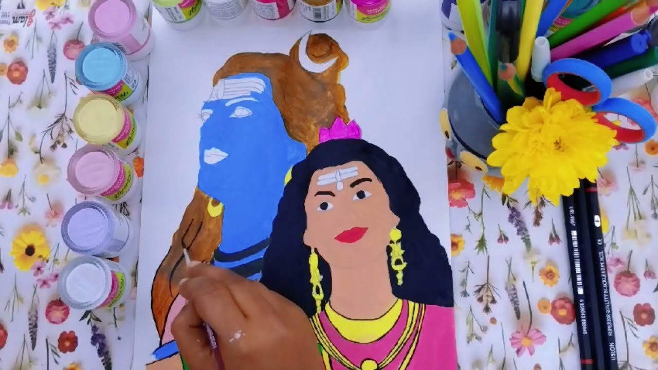 Shiv Parvati Drawing | Step By Step (Outline painting tutorial) - YouTube