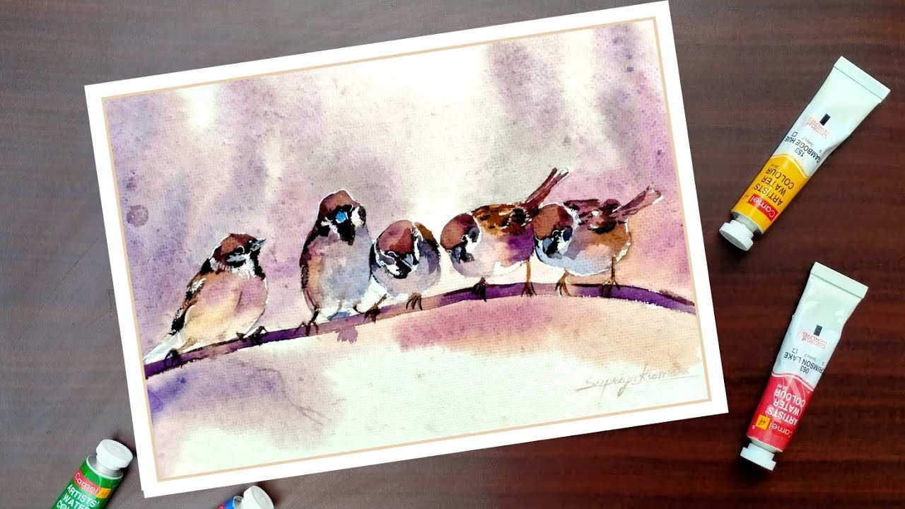 Watercolor painting of beautiful group of sparrows|| easy watercolor ...