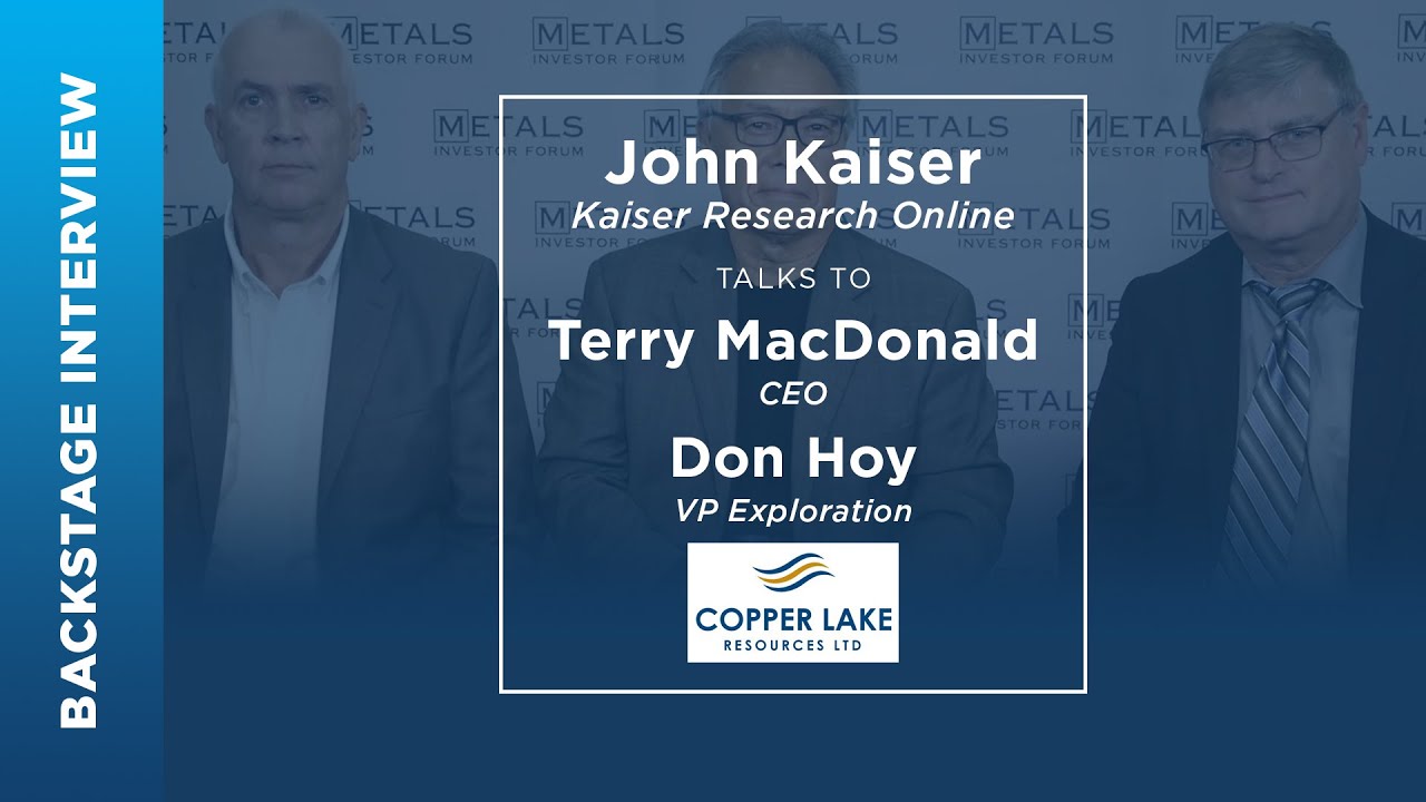 Don Hoy and Terry MacDonald of Copper Lake Resources talks to John Kaiser at the September 2022 ...