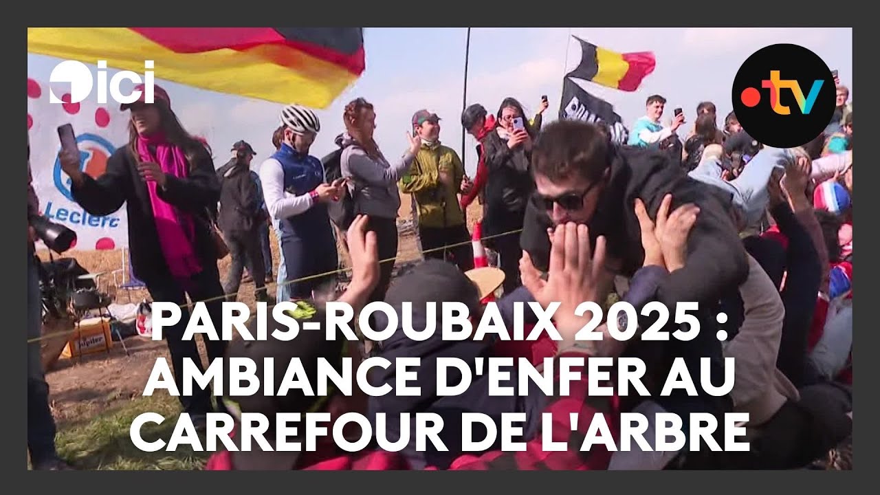Paris-Roubaix 2025 : ambiance d'enfer au carrefour de l'arbre - YouTube