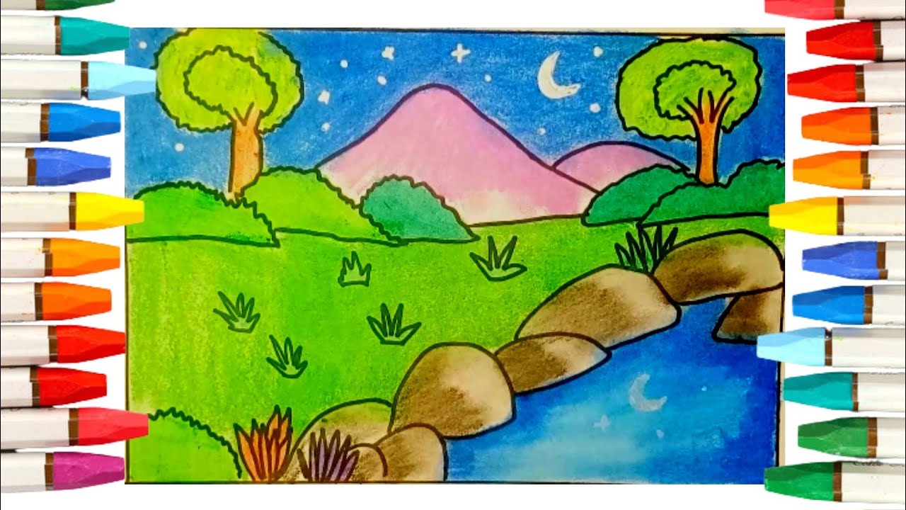 How To Draw A Night Scenery|| Night Scenery Drawing With Oil Pastel ...