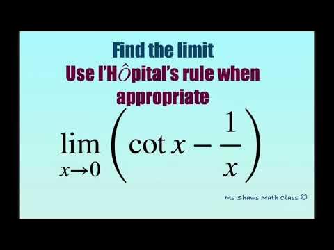 Find the limit as x approaches 0 (cot x - 1/x). L’Hopital’s Rule - YouTube