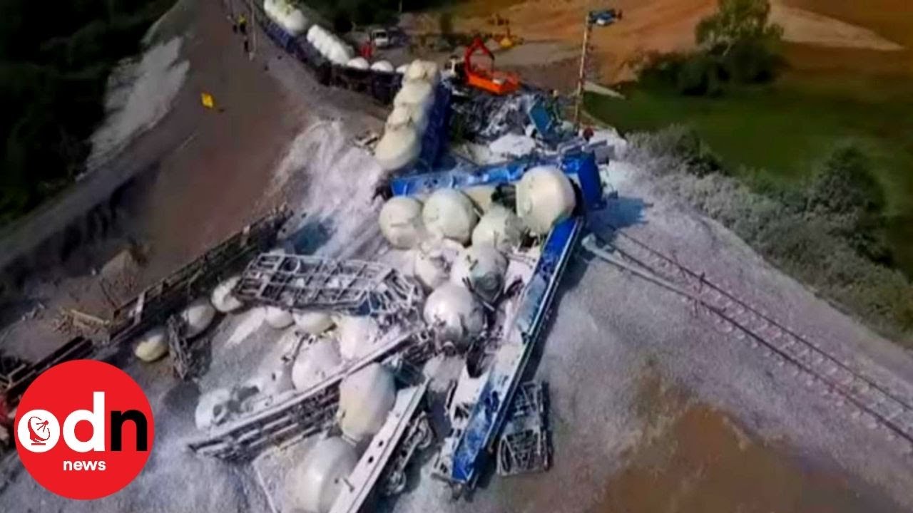 The Moment Huge Freight Train Derails Spilling Tonnes of Limestone ...