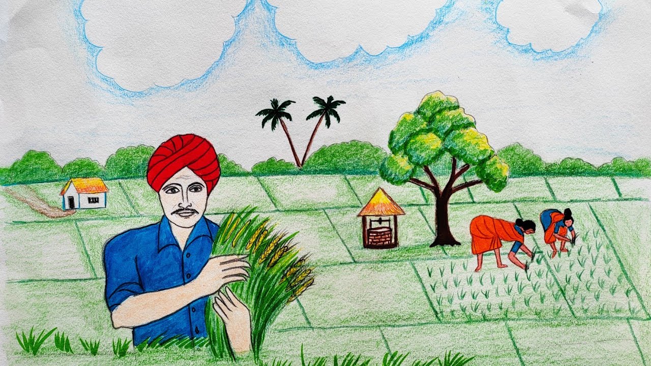 अधिक अन्न उपजाओ पर चित्र बनाना सीखें || How to Draw a Scenery of ...