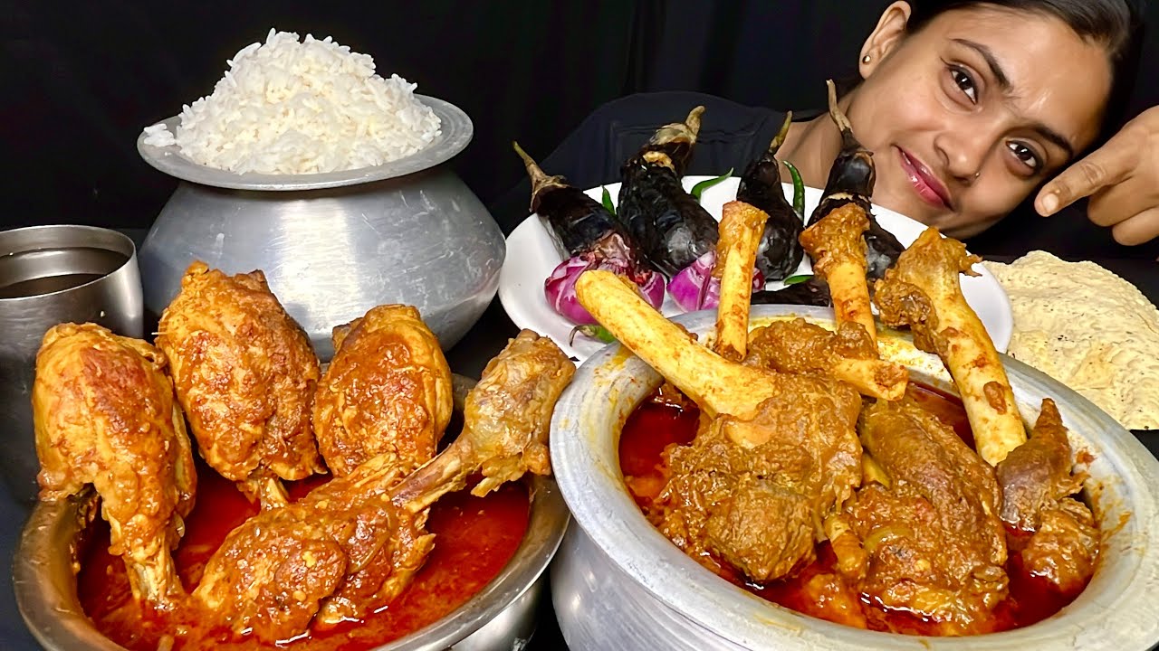 Lal Lal Mutton Jhol Chicken Curry Baingan Bhorta With Rice Eating ...