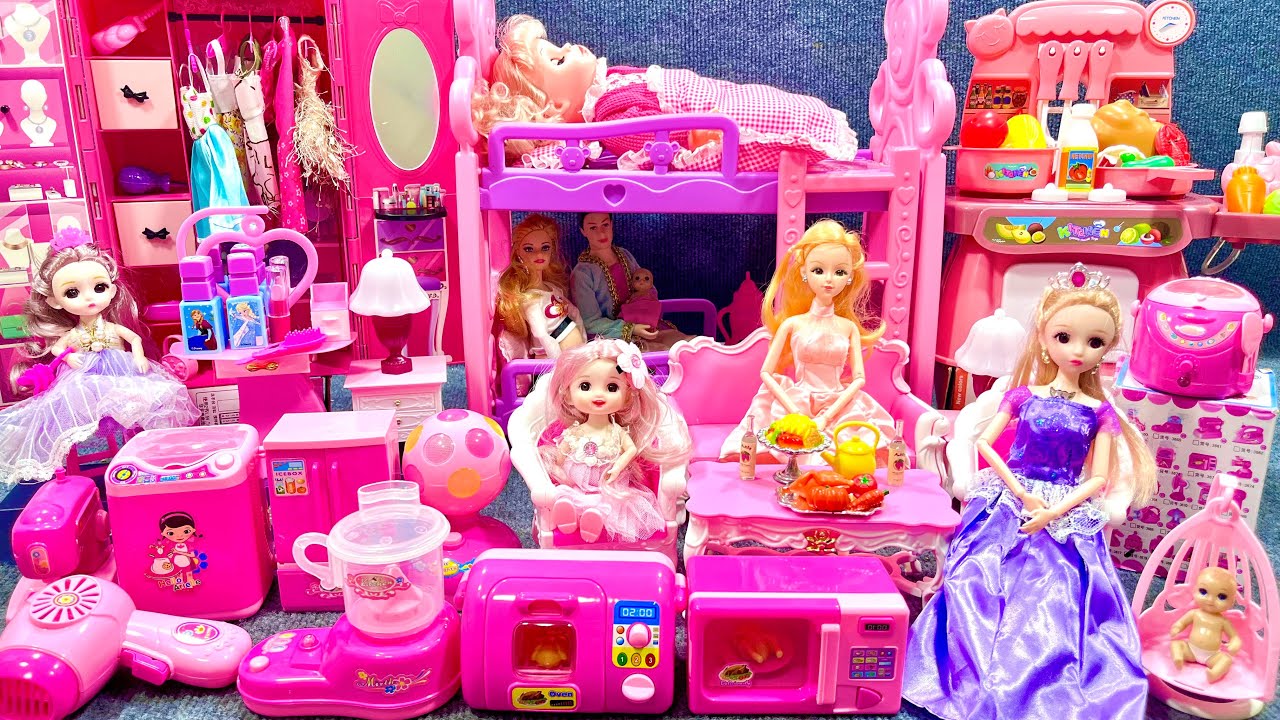 16 Minutes Satisfying with Unboxing Doll Pink Rock Bed Toys, Swing ...
