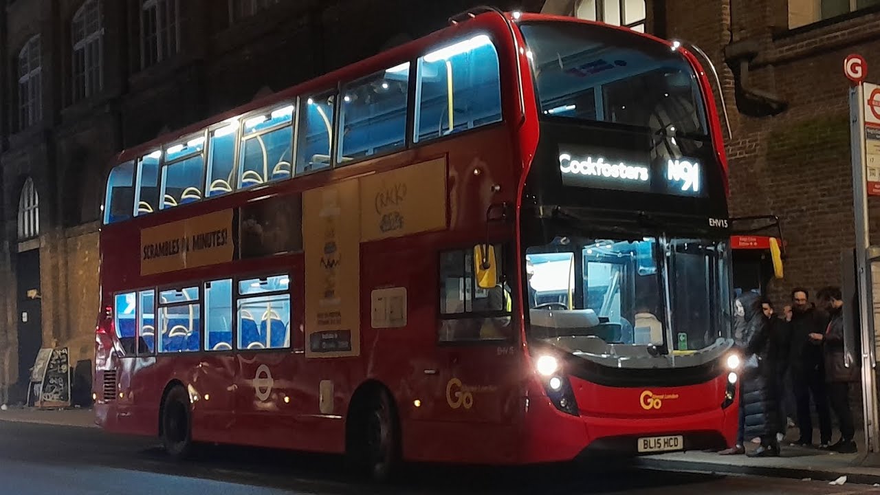 Journey on the N91. BL15HBN. EHV16. Go Ahead London Volvo B5LH E400 MMC ...