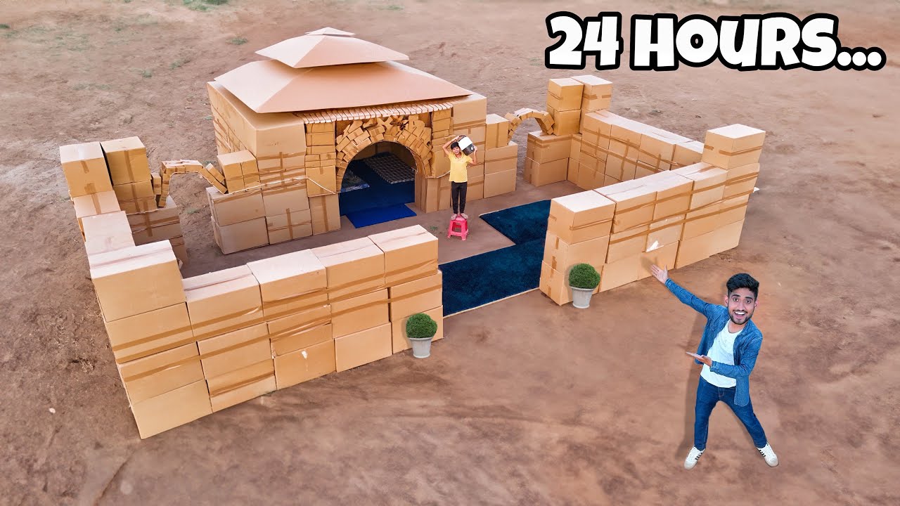 Surviving challenge in cardboard box fort for 24 hours - YouTube