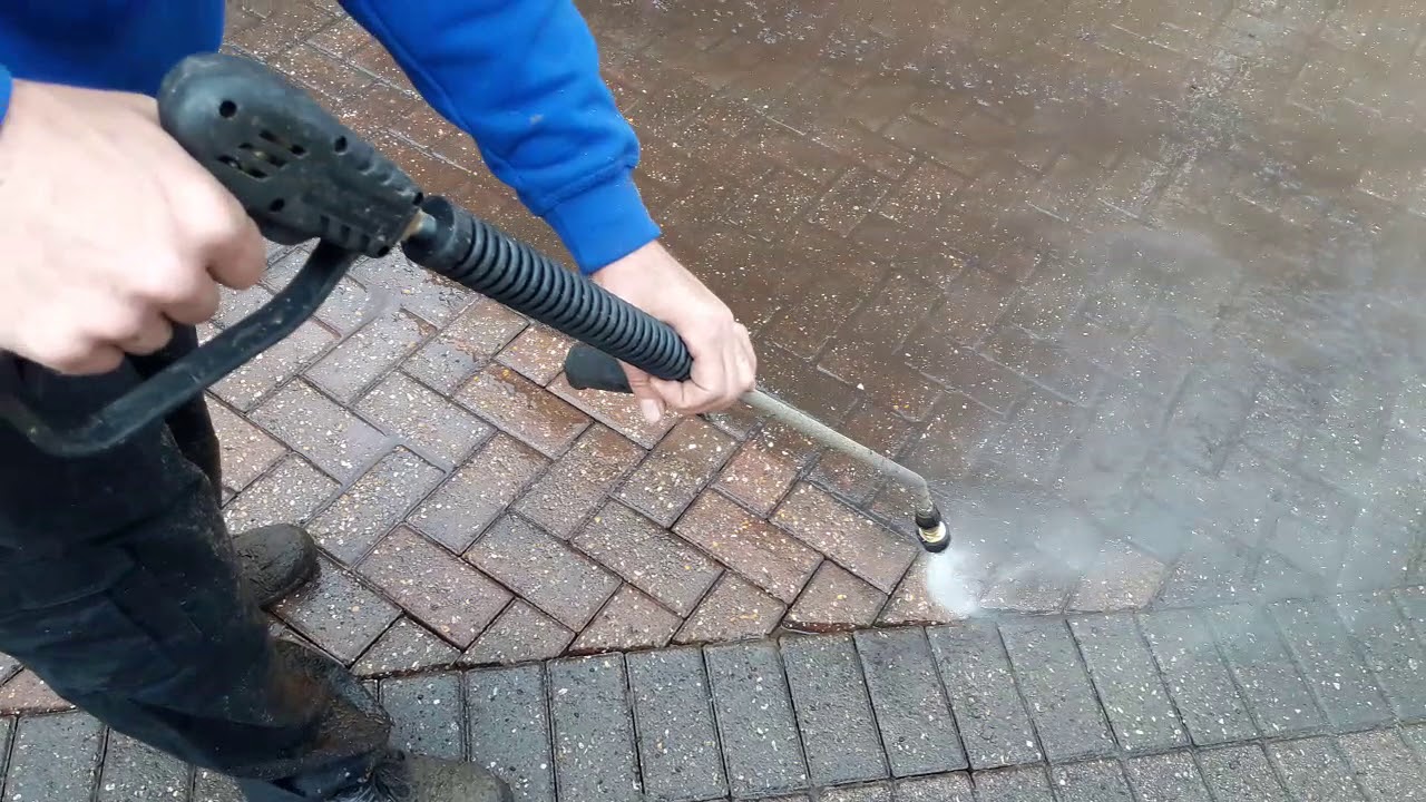Clean My Path Rotary Nozzle on Dark Block Paving - YouTube