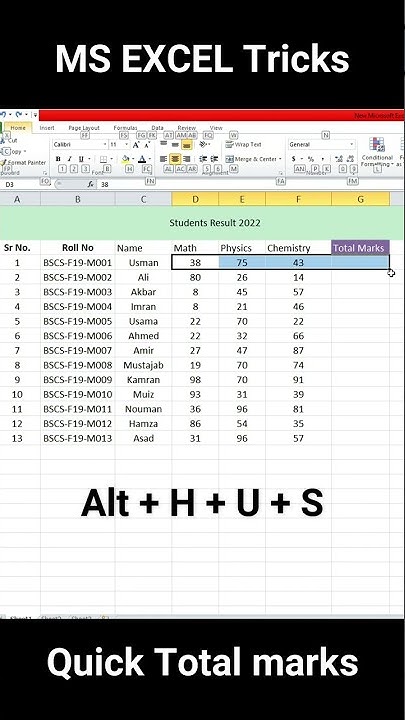 Calculate total marks in MS excel Sum formula Sum Formula shortcut key | quick sum Urdu #shorts ...